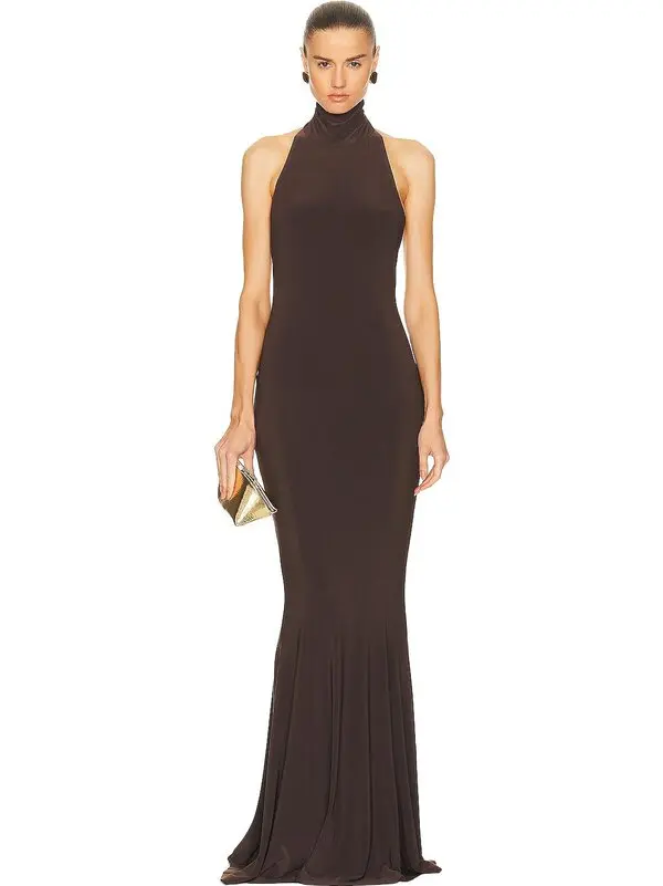 Norma Kamali Halter Turtleneck Fishtail Gown - Chocolate
