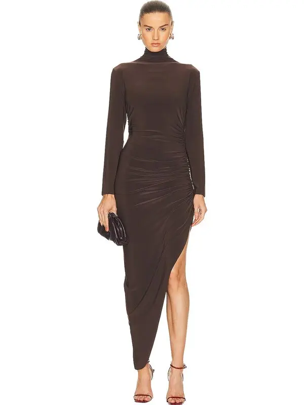 Norma Kamali Long Sleeve Turtleneck Side Drape Gown - Chocolate