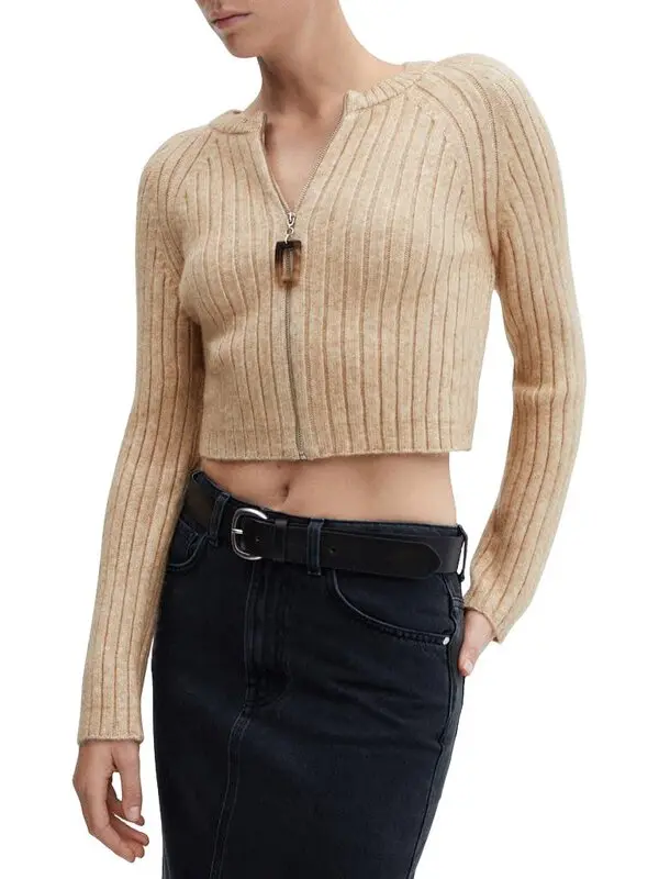 Mango Ribbed Zip-up Cardigan - Medium Brown