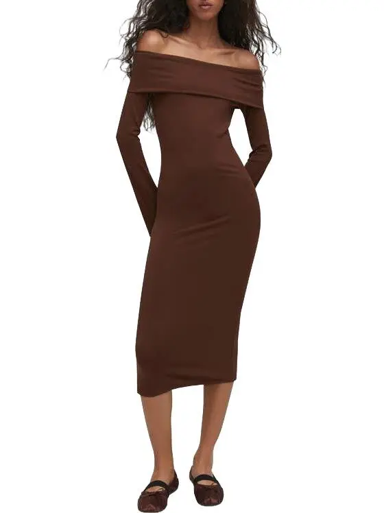 Mango Off-the-shoulder Body-con Midi Dress - Chocolate