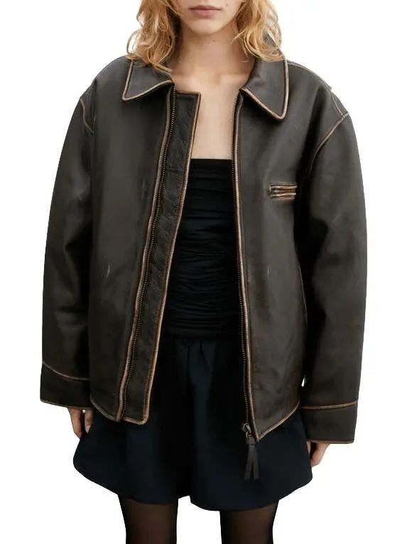 Mango Oversized Distressed Leather Jacket - Brown