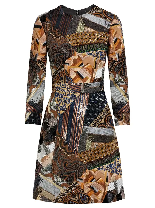 Etro Embellished Patchwork Wool Dress - Light Brown