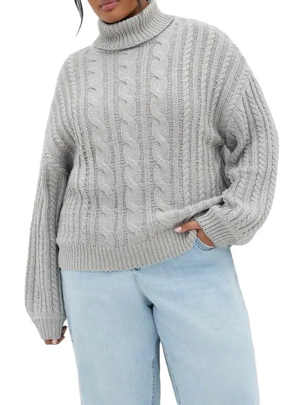 City Chic Avah Cable Stitch Turtleneck Sweater - Silver Marl