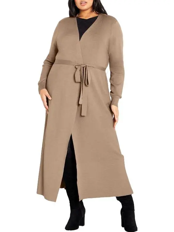 City Chic Tie Waist Longline Cardigan - Simply Taupe