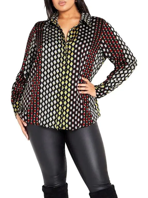 City Chic Genevieve Mix Print Long Sleeve Shirt - Retro Geo