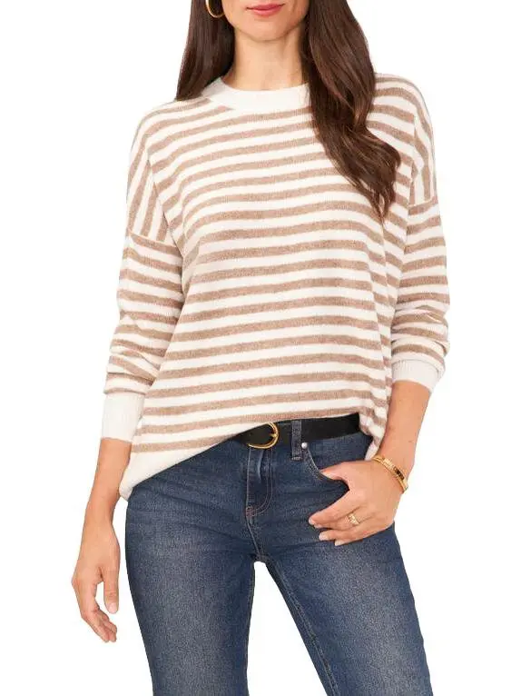 Vince Camuto Striped Crewneck Sweater - Antique White/ Taupe