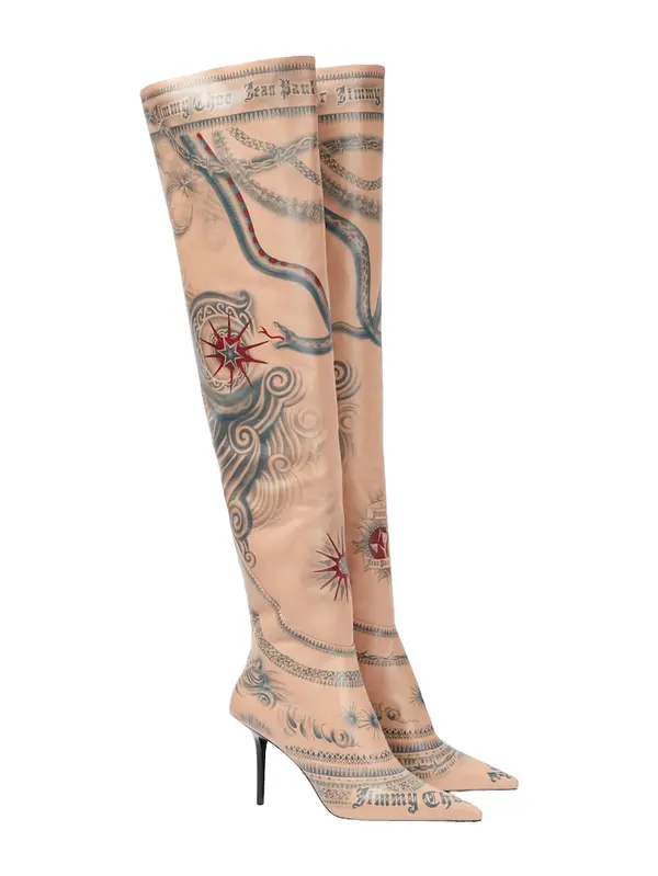 JIMMY CHOO X Jean Paul Gaultier Tattoo Leather Over-the-knee Boots - Beige
