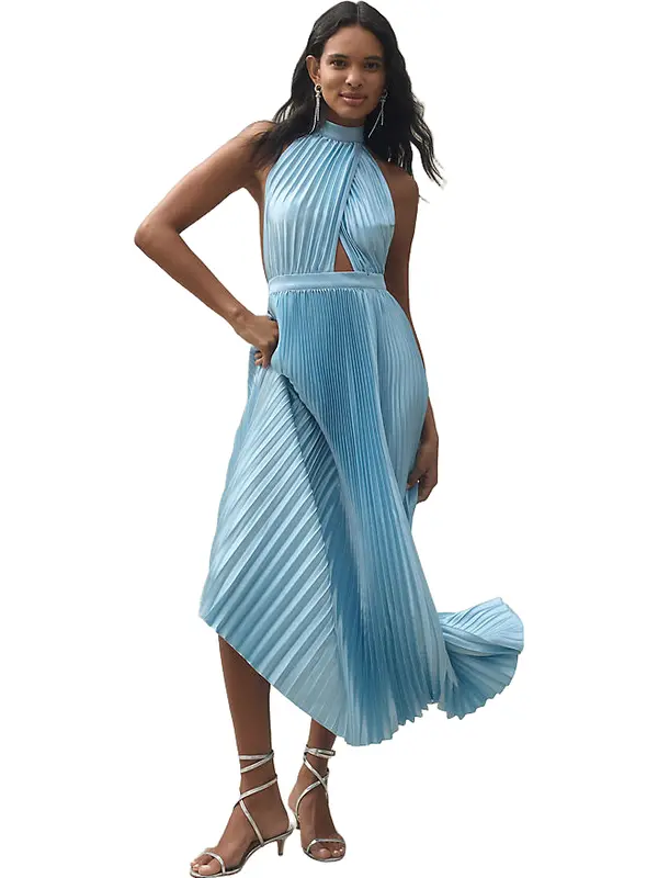 L'IDEE Renaissance Halter Side-slit Pleated Maxi Dress - Blue