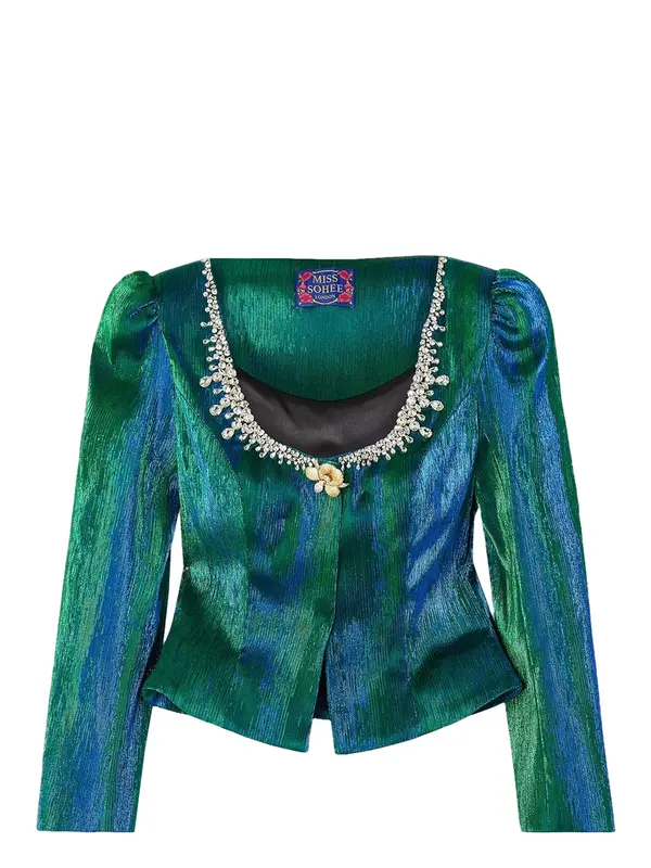 MISS SOHEE Cropped Embellished Stretch-lamé Jacket - Teal