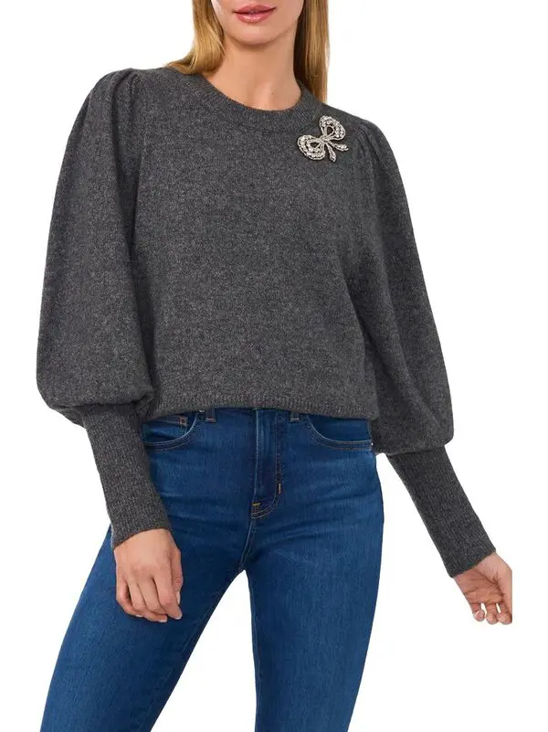CECE DUPRAZ Rhinestone Bow Appliqué Juliet-sleeve Sweater - Medium Heather Grey