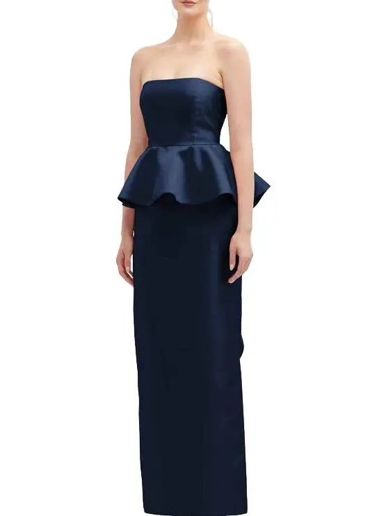 Alfred Sung Strapless Ruffle Peplum Satin Column Gown - Midnight