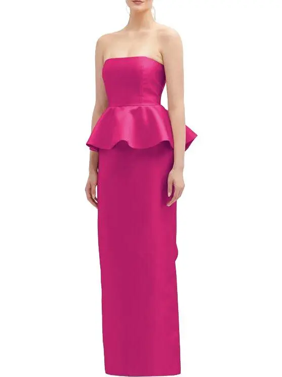 Alfred Sung Strapless Ruffle Peplum Satin Column Gown - Think Pink