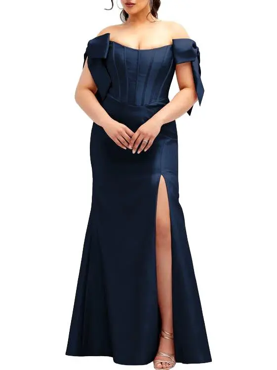Alfred Sung Off-the-shoulder Bow Corset Trumpet Gown - Midnight