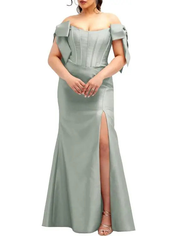 Alfred Sung Off-the-shoulder Bow Corset Trumpet Gown - Willow
