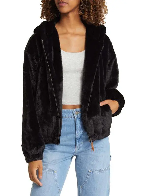 THREAD & SUPPLY Faux Fur Zip-up Hooded Jacket - Black