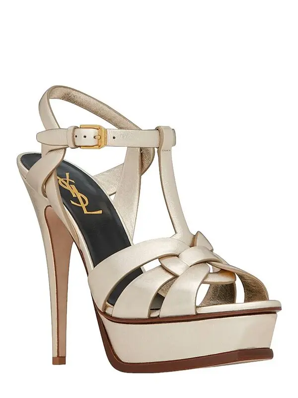 Saint Laurent Tribute Platform Sandals - Pale Gold Metallic Leather