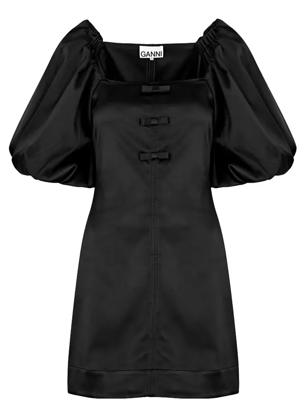 GANNI Bow-embellished Satin Mini Dress - Black