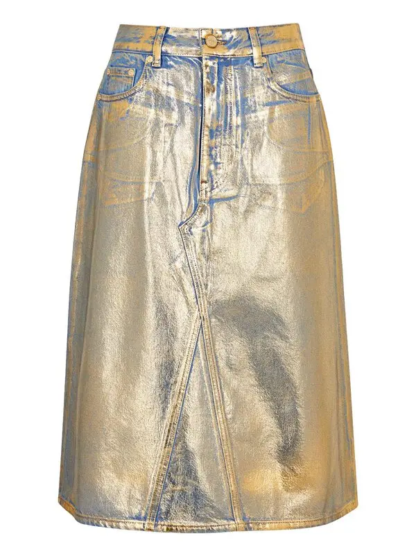 GANNI Foil-print Denim Midi Skirt - Gold