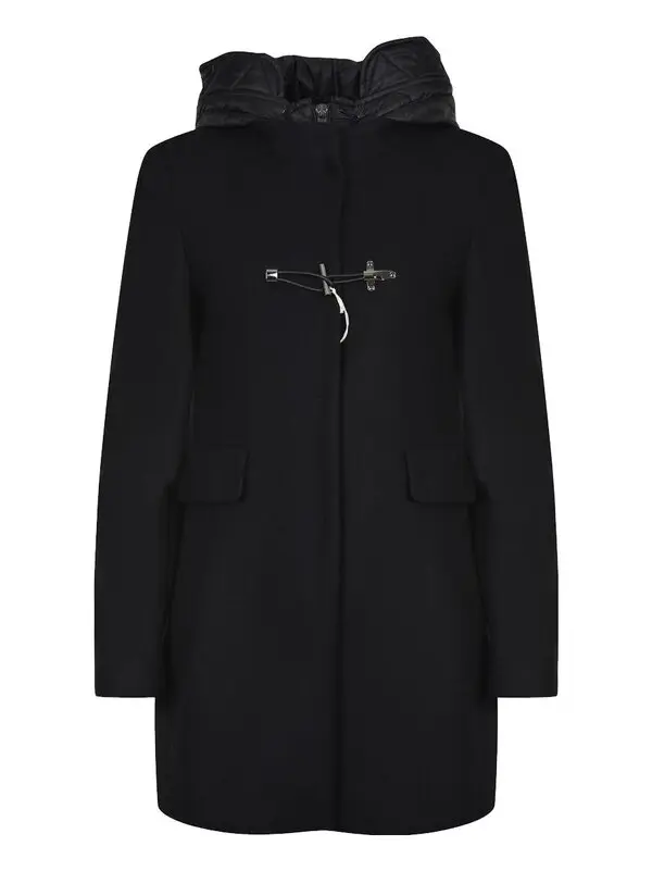 FAY Wool Blend Coat With Padded Yoke And Hood - Black
