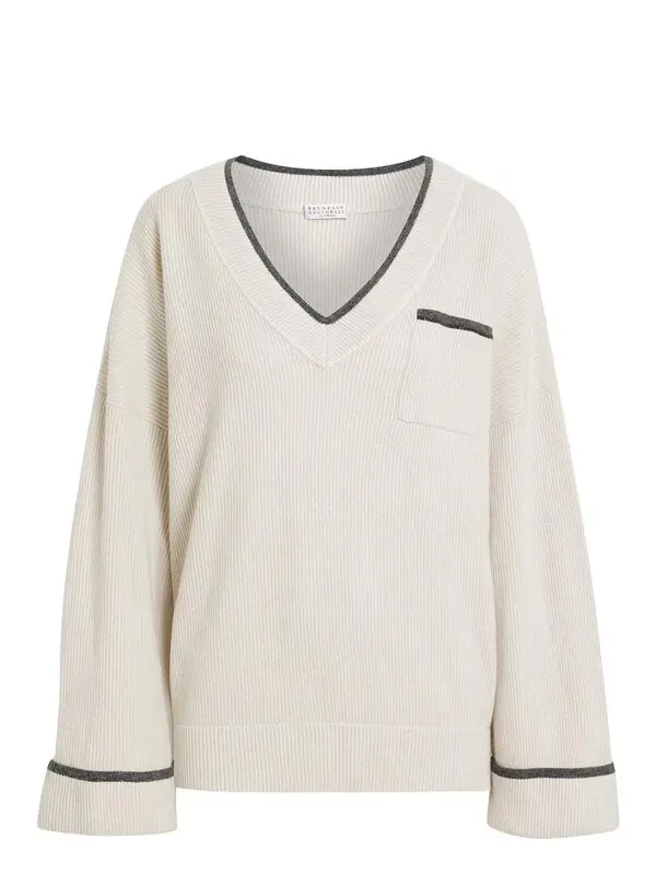 Brunello Cucinelli Bead-embellished Ribbed Cashmere Sweater - Ecru