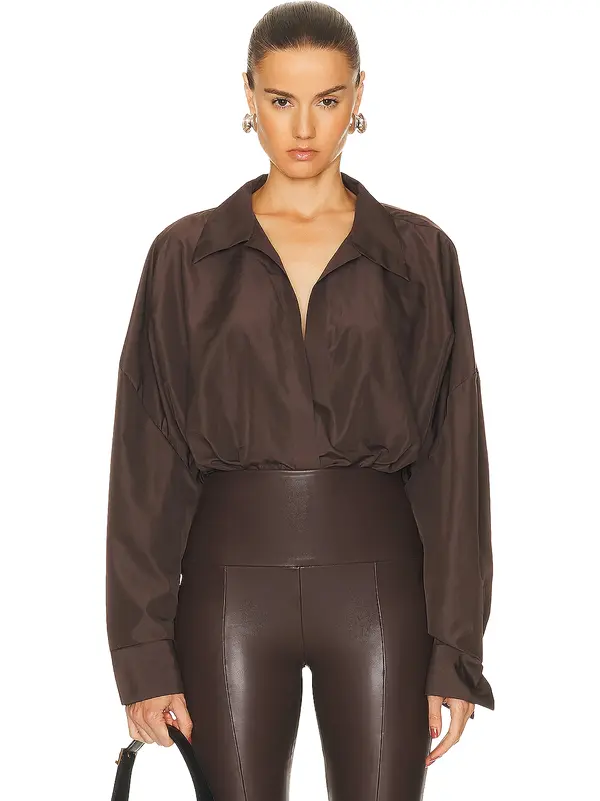 Norma Kamali Super Oversized Boyfriend Shirt Bodysuit - Chocolate