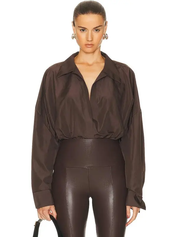 Norma Kamali Super Oversized Boyfriend Shirt Bodysuit - Chocolate