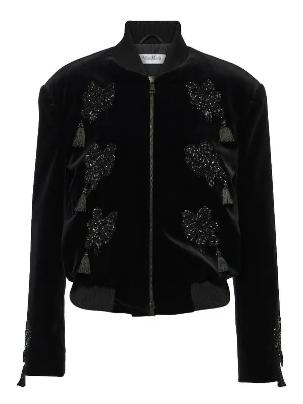 Max Mara Musette Embroidered Velvet Bomber Jacket - Black
