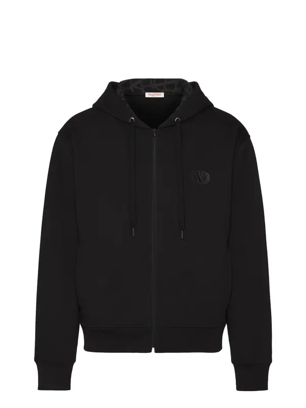 Valentino Garavani Sweatshirt In Technical Cotton With Hood Zipper And Vlogo Signature Patch - Black