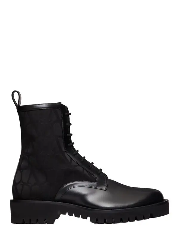 Valentino Garavani Toile Iconographe Leather Combat Boots - Black