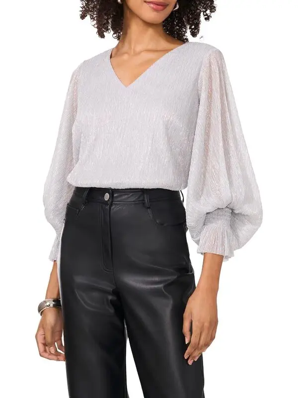 Vince Camuto Metallic Blouson V-neck Top - Silver