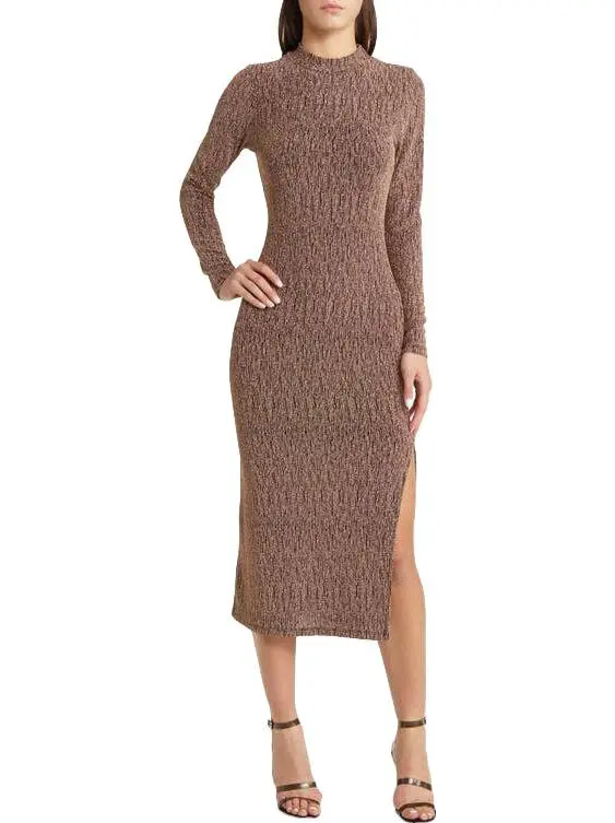 ALL IN FAVOR Metallic Long Sleeve Body-con Midi Dress - Bronze