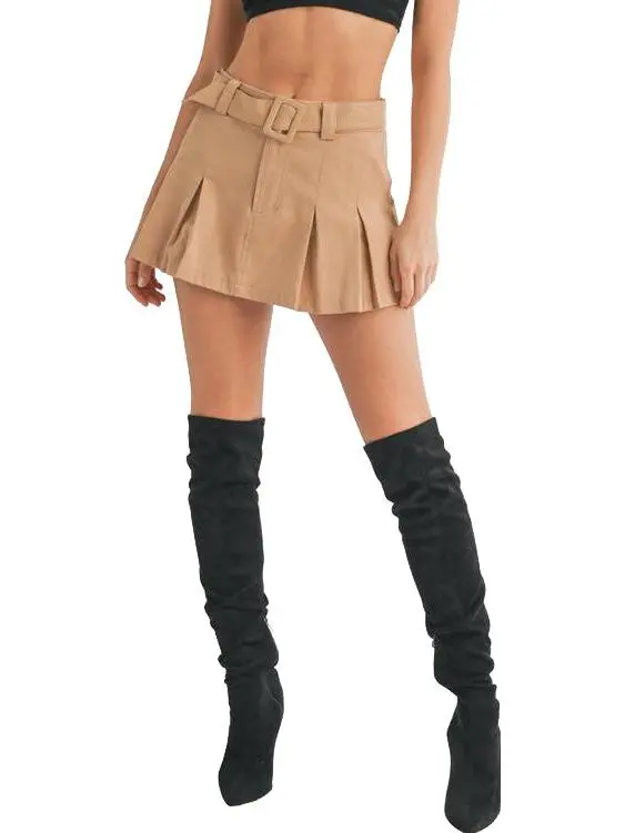 ALL IN FAVOR Belted Pleated Cotton Miniskirt - Khaki