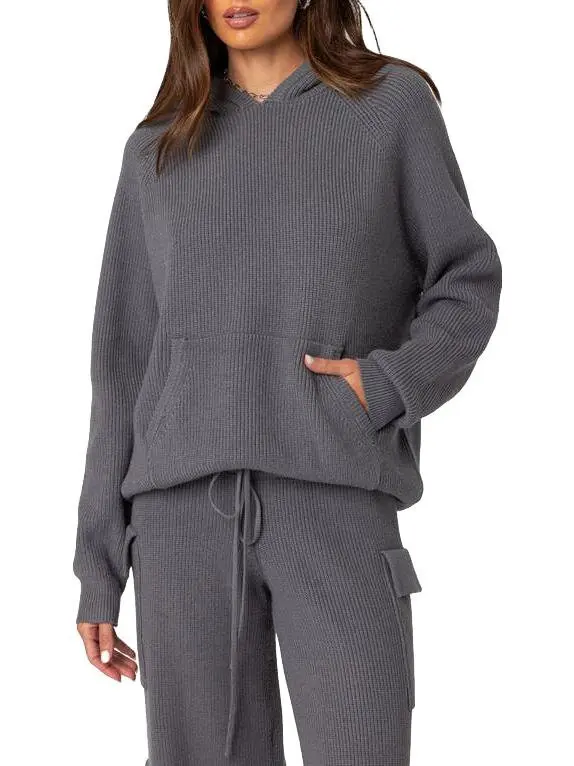 EDIKTED Wynter Ribbed Knit Relaxed Fit Hooded Sweater - Gray