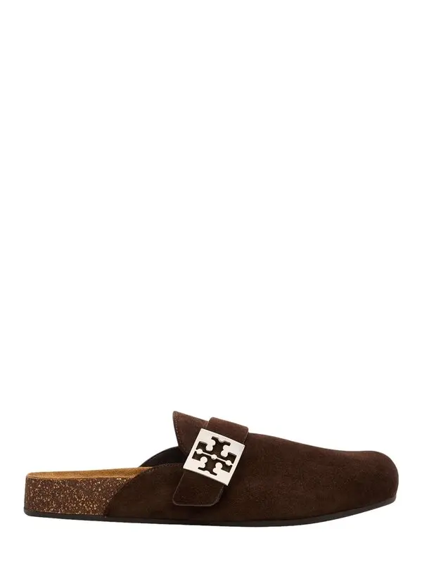 Tory Burch Mellow Suede Buckle Slide Mules - Dark Cocoa