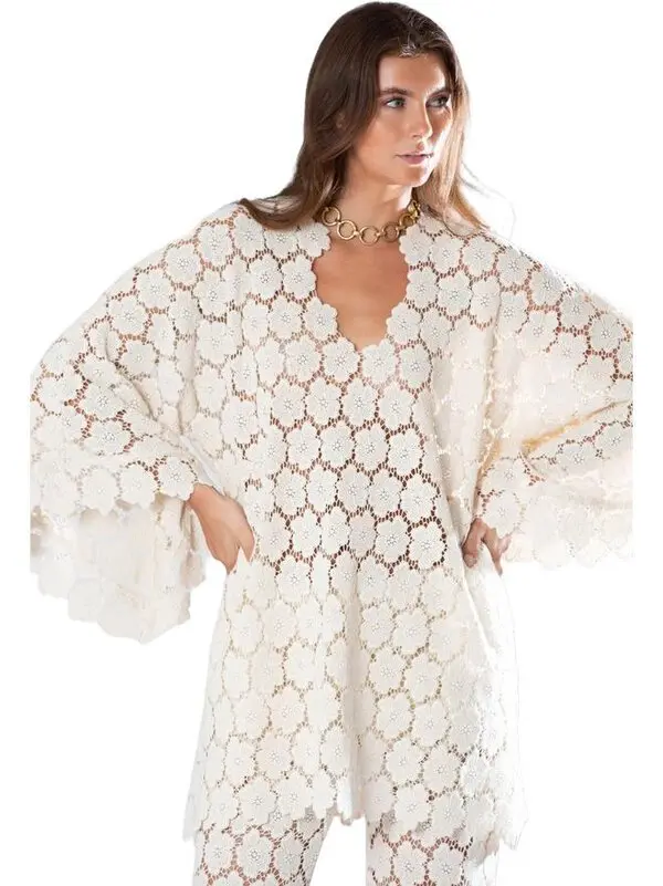 Miguelina Gianina Cosmos Flower Lace Mini Caftan - Neutral