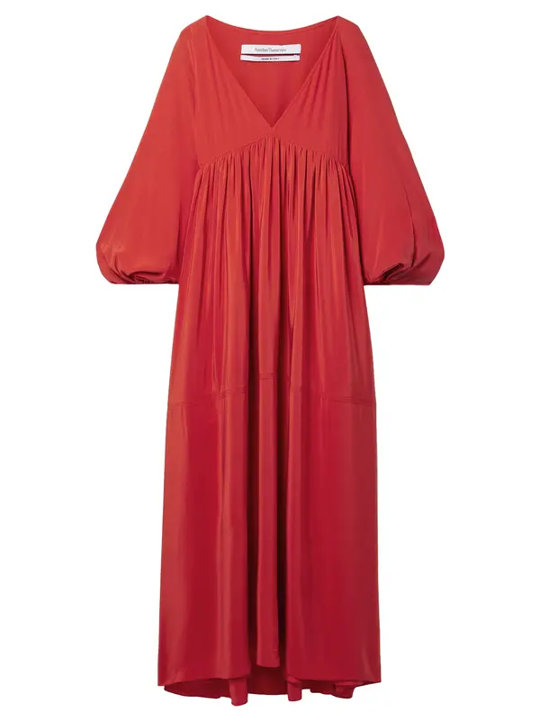 Another Tomorrow Gathered Silk Crepe De Chine Maxi Dress - Red