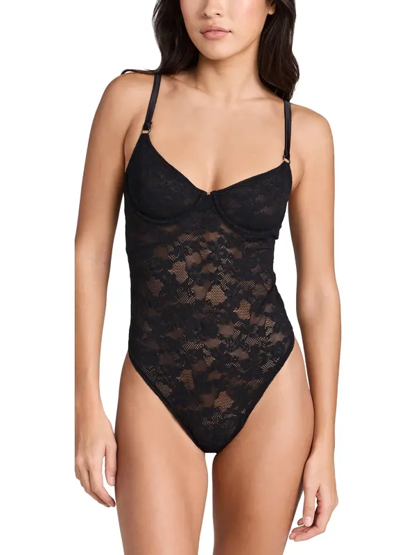 Fleur Du Mal Le Stretch Multifit Lace Thong Bodysuit - Black