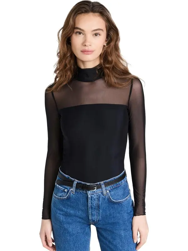 Commando Chic Mesh Long Sleeve Thong Bodysuit - Black