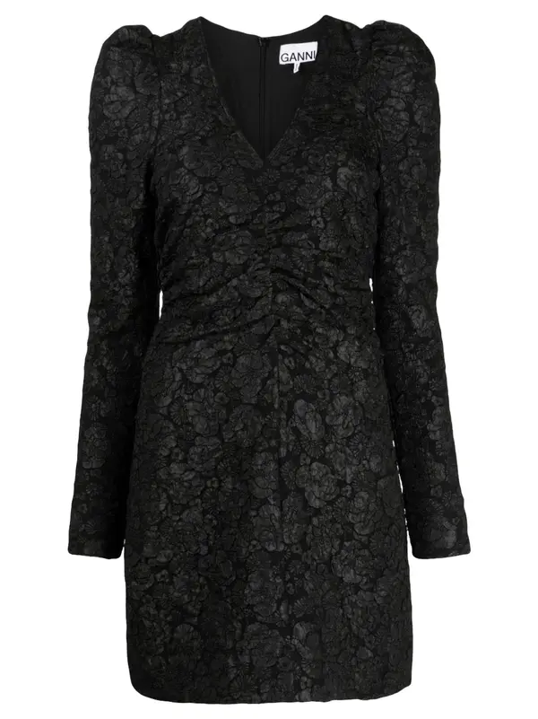 GANNI Floral-jacquard V-neck Dress - Black