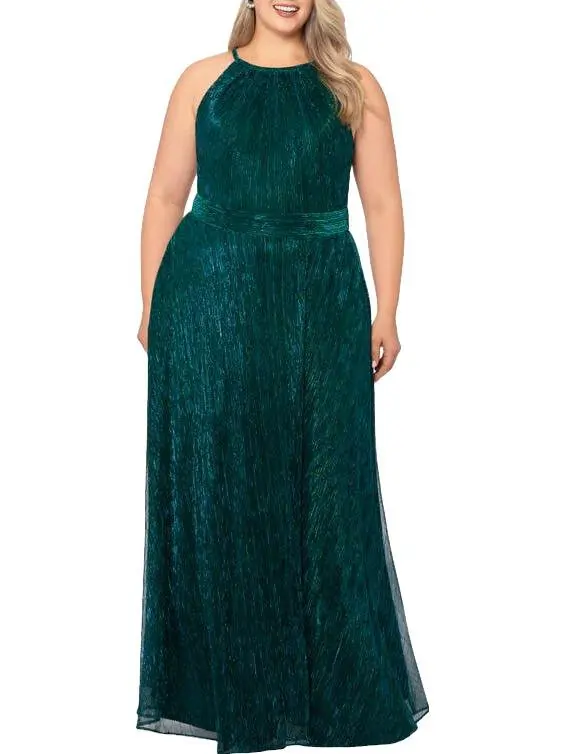Betsy & Adam Metallic Crinkle A-line Gown - Jade