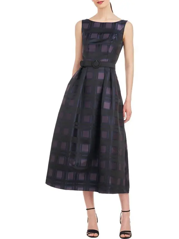 KAY UNGER Plaid Pleated Belted Cocktail Dress - Black/ Night Blue