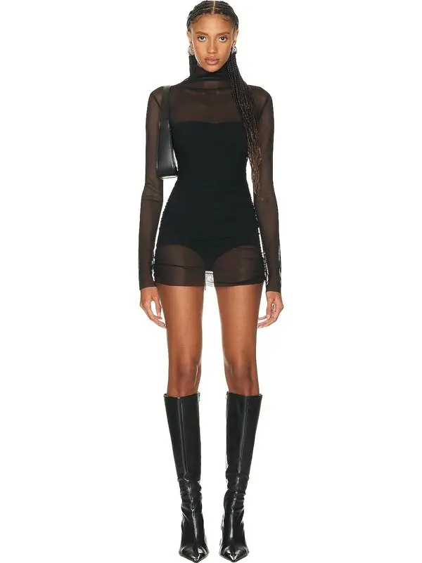 Norma Kamali Long Sleeve Turtleneck Pickleball Dress - Black & Black Mesh
