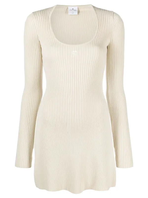 COURREGES Logo-embroidered Rib Knit Dress - Neutrals