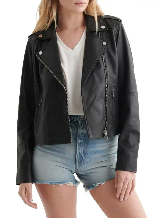 Lucky Brand Leather Moto Jacket - Washed Black/black