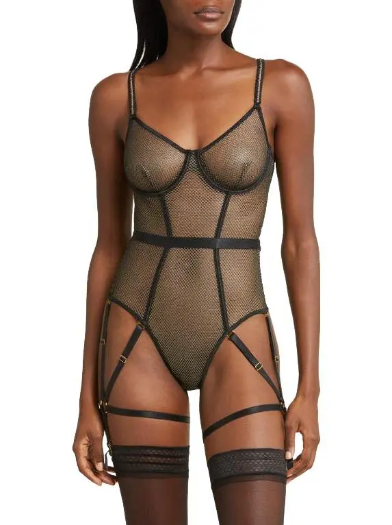 COQUETTE Shimmery Fishnet Teddy - Black