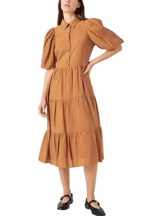 English Factory Tiered Midi Shirtdress - Brown