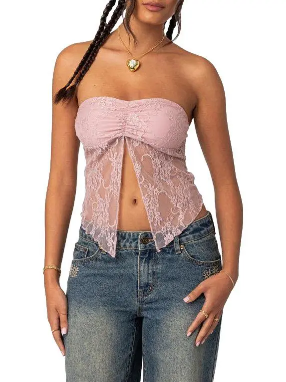 EDIKTED Twilight Strapless Lace Split Front Crop Top - Light-pink
