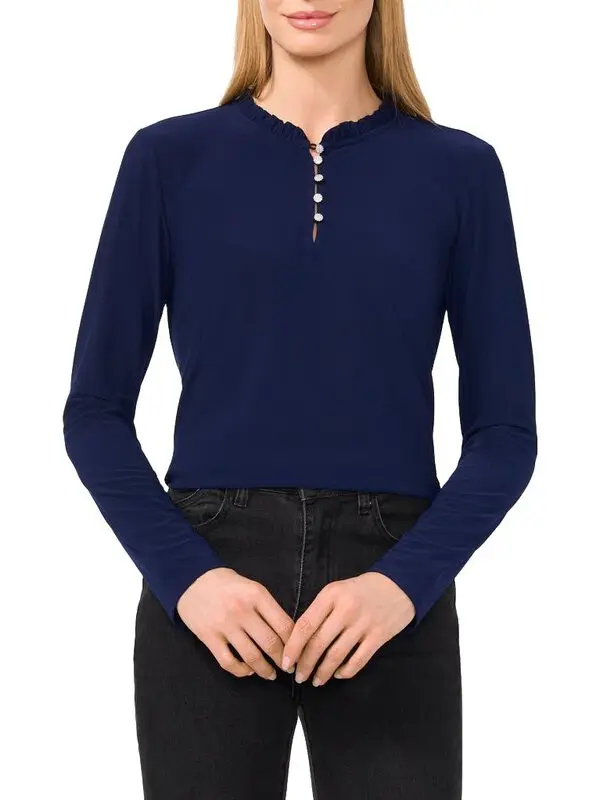 CECE DUPRAZ Ruffle Trim Knit Henley - Classic Navy