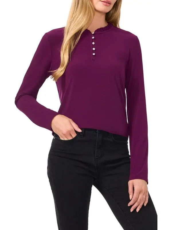 CECE DUPRAZ Ruffle Trim Knit Henley - Pickled Beet