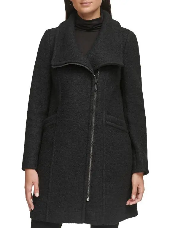 KENNETH COLE Asymmetric Zip Bouclé Coat - Black